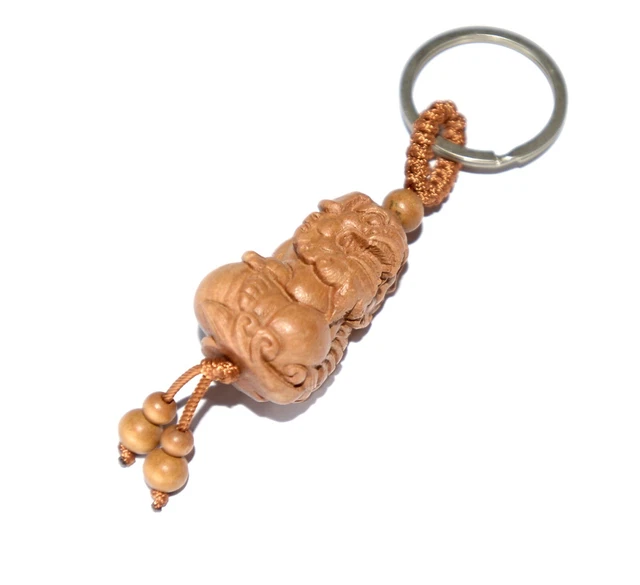 CHINESE FENG SHUI Temple Guardian Lion Fu Dog Wooden Good Luck Key Ring ...