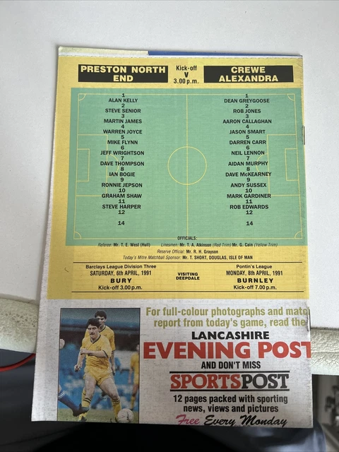 PRESTON NORTH END V Crewe Alexandra 30/3/91 1991 Match Programme £1.99 ...