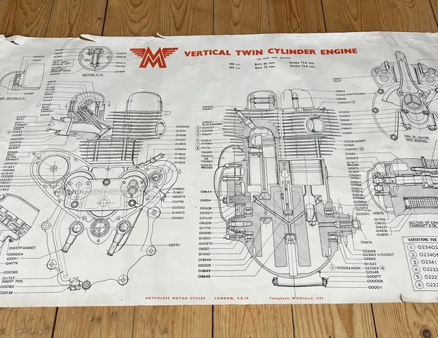 VINTAGE MATCHLESS VERTICAL Twin Engine Exploded Diagram Poster Motor ...
