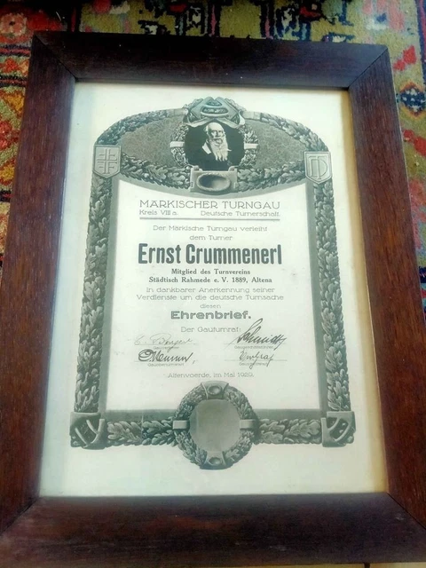 MILITARIA-RÉPUBLIQUE DE WEIMAR-DIPLÔME Turngrau (sportif) et son cadre ...