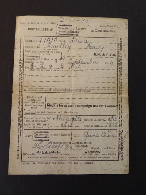1919 ARMY FORM Z121 Certificate Transfer to Reserve Demobilisation ...