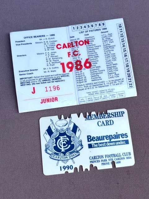 2 X VINTAGE CARLTON Football Club Members SEASON TICKET 1986 & 1990 ...
