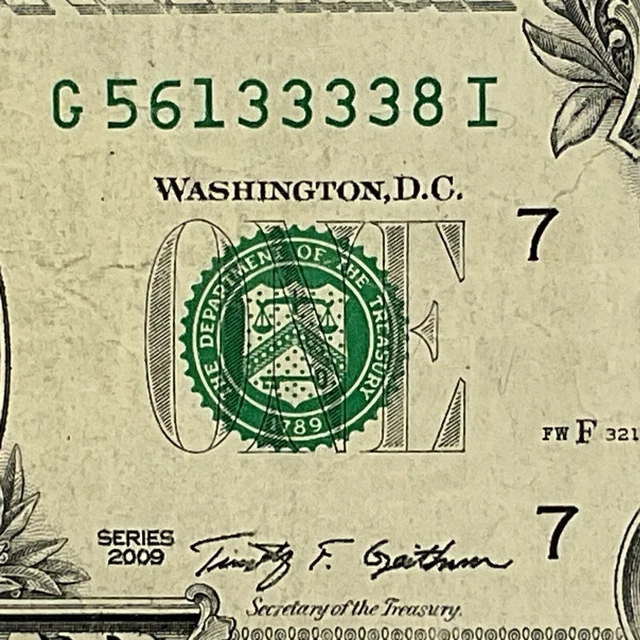 FOUR IN A Row 3s Fancy Serial Number 2009 One Dollar Bill G56133338I FW ...