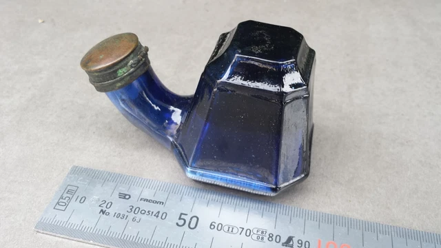 ANCIEN RARE ENCRIER siphoïde en verre de couleur bleu XIX ème avec ...