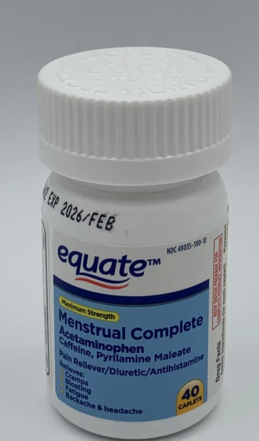 EQUATE MENSTRUAL COMPLETE Pain Reliever/Diuretic Caplet 40 Ct Exp 2/26 ...