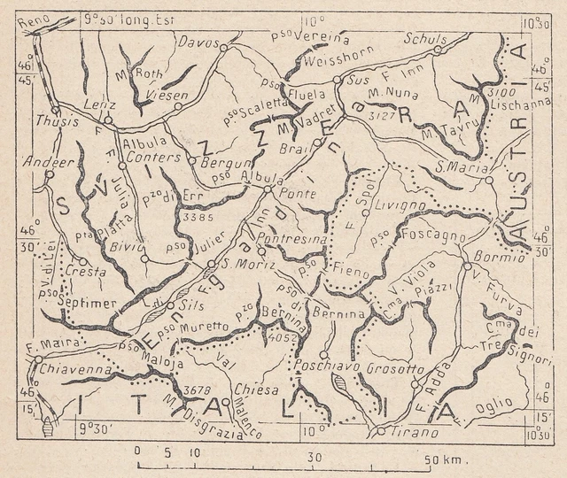 F3073 SUISSE, ENGADIN, 1907 Carte Géographique D'Époque, Vintage Map ...