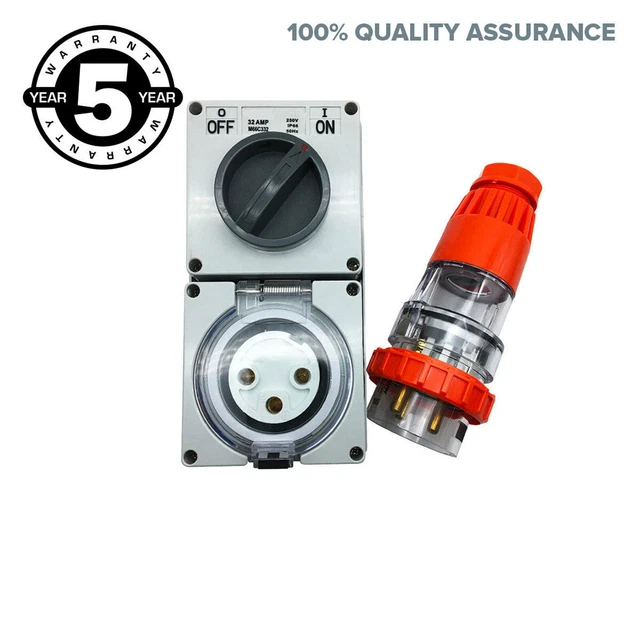 32A AMP OUTDOOR Switched Socket Outlet w/ Round 3 Pin Male Plug IP66 ...