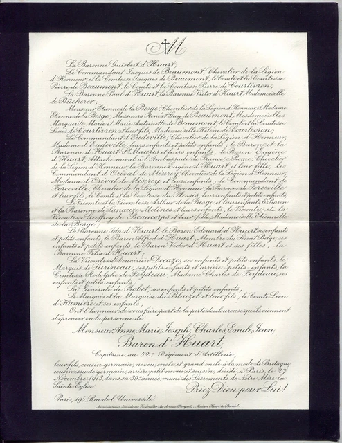 FAIRE-PART DE DÉCÈS de Mr. Anne Marie Joseph Charles Emile Jean Baron d ...