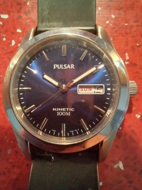 PULSAR KINETIC BLUE Dial Day Date Stainless Steel Bracelet Watch YT58 ...