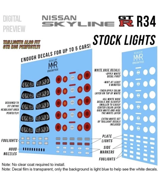 1/64 NISSAN SKYLINEGTR-R34 Custom Waterslide DecalsHeadlightTaillight ...