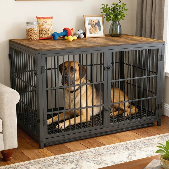 2 IN 1 Metal Iron Dog Crate XXL Pet Dog Kennel Cage Furniture Side ...