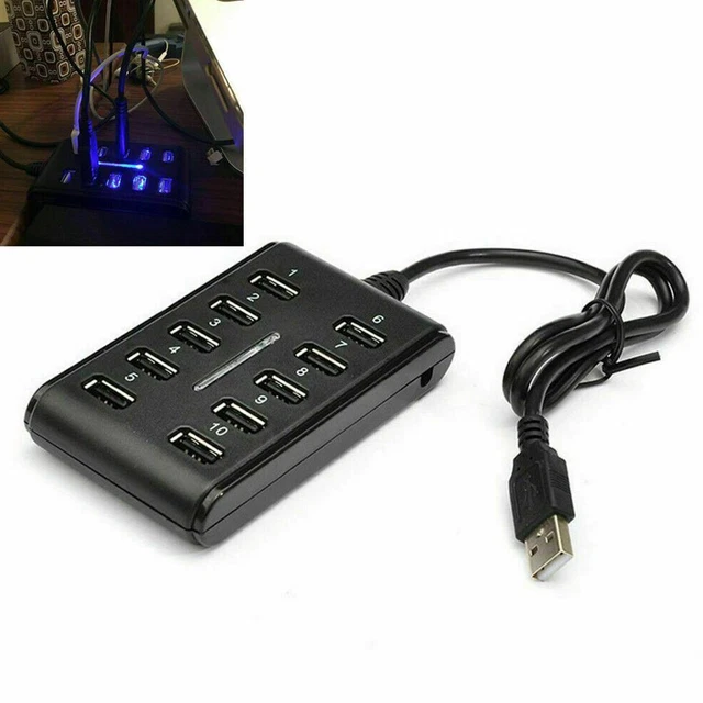 10 PORT POWERED USB HUB 2.0 High Speed USB Splitter For PC Extension ...