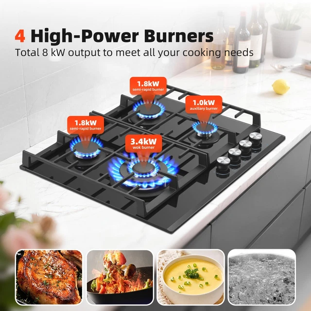 4 BURNERS GAS Hob 60cm Black Tempered Glass Built in Gas Cooktop NG/LPG ...