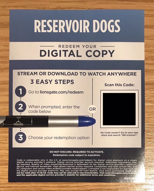 RESERVOIR DOGS LIONSGATE Movie Code *Sent by eBay message* USA Accounts ...