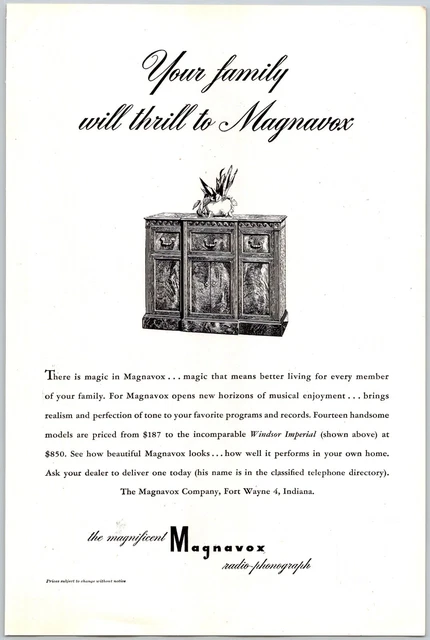 PRINT AD 1948 Magnavox Windsor Imperial Radio Phonograph 6.75" x 10 ...