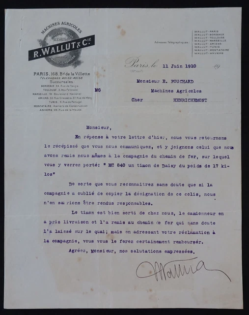 BILLHEAD FACTURE PARIS 1910 Machines agricoles WALLUT 131 EUR 12,00 ...