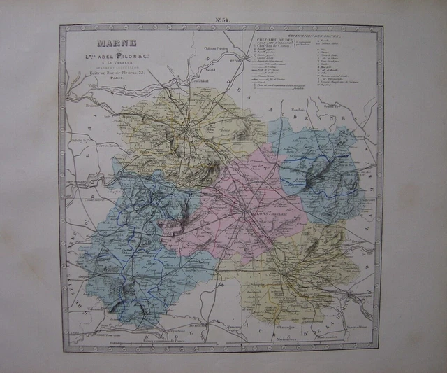 GRANDE CARTE DU Département de la MARNE en 1880 Reims Châlons-sur-Marne Epernay EUR 9,90 ...