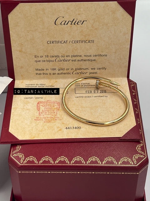 AUTH CARTIER JUSTE Un Clou Bracelet in 18k Yellow Gold 0.58 CTW size ...