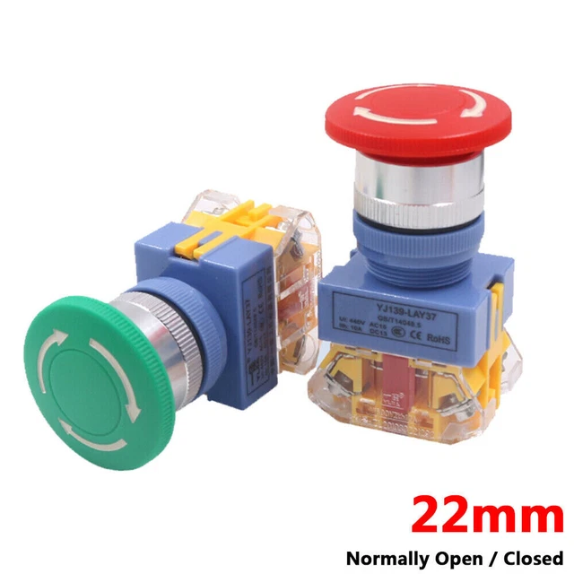 22MM E-STOP SWITCH Mushroom Head Emergency Stop Push Button Switch ON/OFF LAY37 EUR 3,90 ...