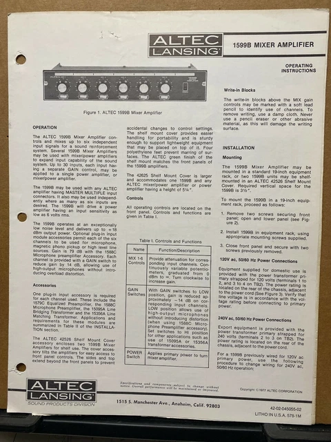 OPERATING INSTRUCTION MANUAL ~ Altec 1589A Mixer Amplifier ~ Service ...