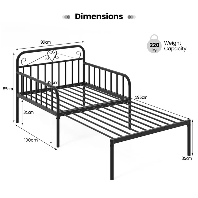 SINGLE BED FRAME 3FT Extendable Metal Daybed Guest Sofa Bed Black £79. ...