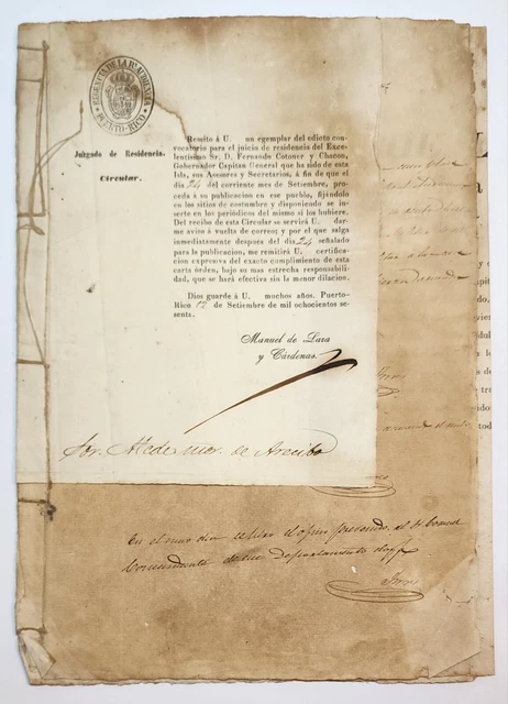 ANTIQUE SPANISH COLONIAL DOCUMENT w/ REAL CEDULA / PUERTO RICO 1860 ...