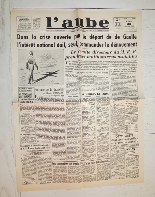 FAC-SIMILE A LA Une Journal L'aube 22/01 1946 General De Gaulle ...