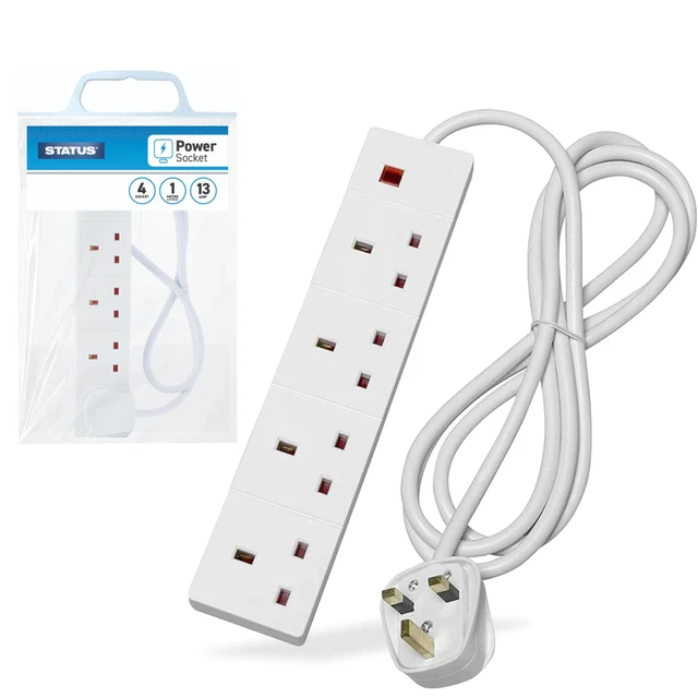 STATUS 4 WAY Extension Lead 1m UK Plug Multi Socket Power Strip White £ ...