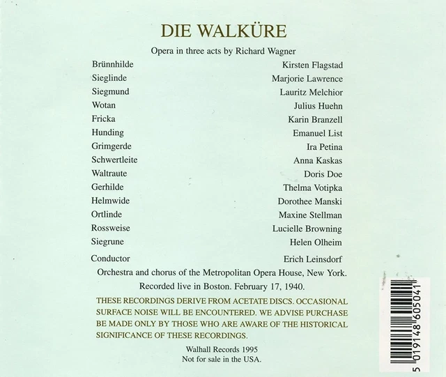 WAGNER: DIE WALKURE / Erich Leinsdorf, Flagstad, Lawrence, Melchior ...