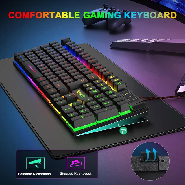 REWURNTH GAMING KEYBOARD UK Layout, RGB Backlit Wired Computer Keyboard ...