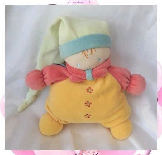 DOUDOU POUPÉE LUTIN Jaune Bonnet Vert Grelot Fleurs Nounours EUR 20,00 ...