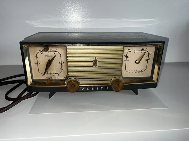 VINTAGE ZENITH TUBE Radio Alarm Clock 1950's MCM Bakelite dark gray see ...