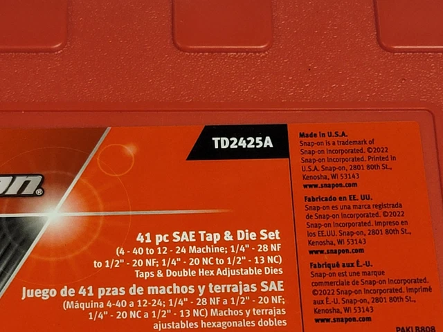 BRAND NEW SNAP On Tools # Td2425A 41 Piece Sae Tap & Die Set - Free ...
