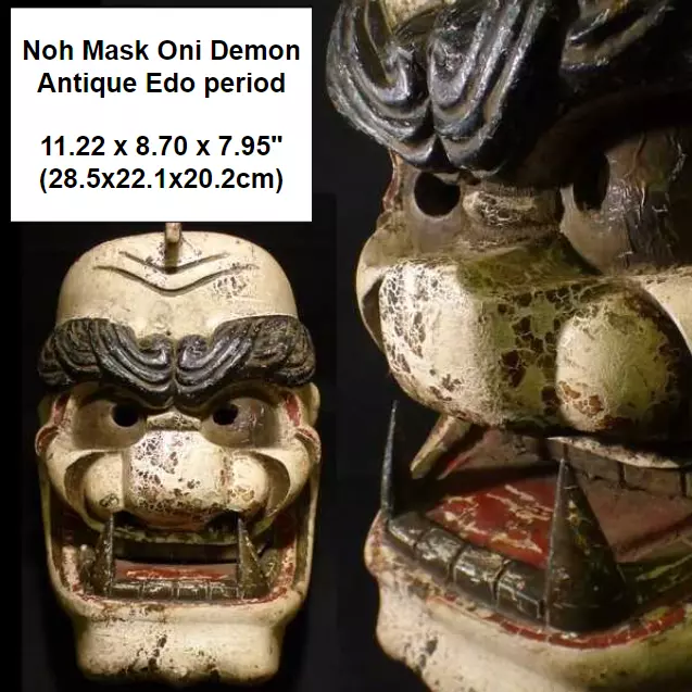 JAPANESE NOH MASK Antique Edo Period Wood Carving Oni Demon Large 11 ...