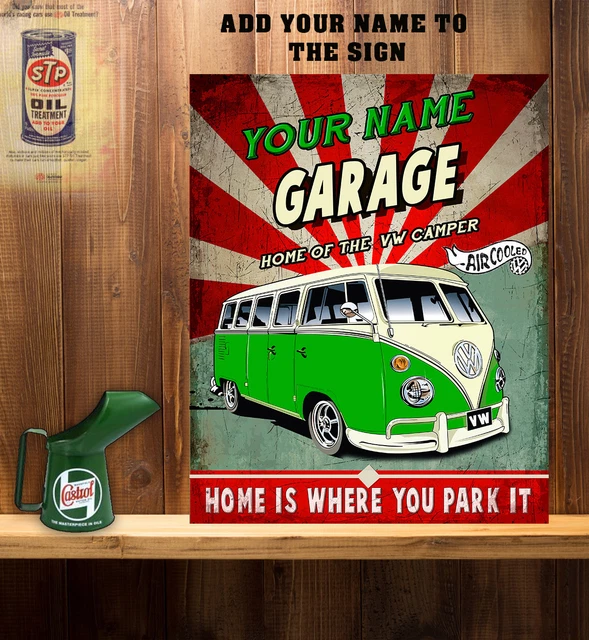 PERSONALISED CAMPER VAN V DUB GARAGE WORKSHOP GREEN Metal Wall Sign ...