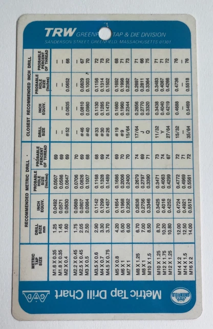 VINTAGE TRW GREENFIELD Tap & Die Division Metric Drill Chart Card USA £ ...