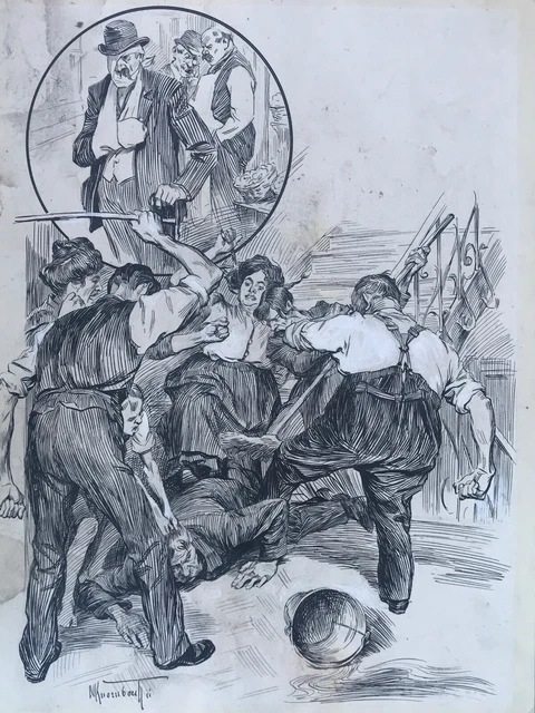FEDERZEICHNUNG WIRTSHAUS RAUFEREI Karikatur Simplicissimus-Art Max ...