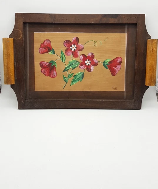 ANCIEN PLATEAU SERVICE thé café Bois 52,5x33 cm Joli Motif Fleur sous ...