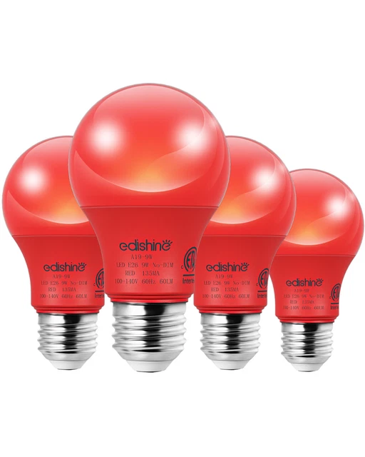 EDISHINE 4-PACK RED Light Bulb, 9W A19 LED Led Light Bulb,E26 Medium ...
