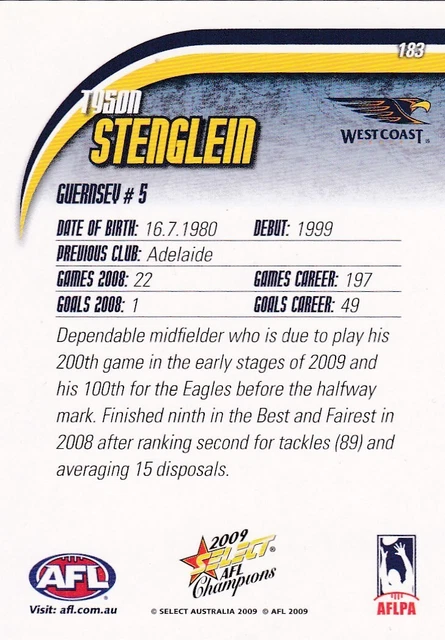 AFL 2009 SELECT West Coast Eagles - Tyson Stenglein Card No.183 $2.40 ...