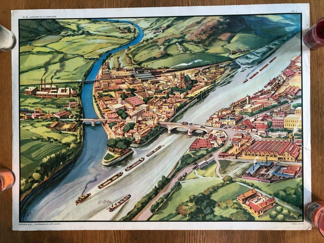 ANCIENNE AFFICHE SCOLAIRE éd. MDI n°20 et 21, l'affluent et confluent.l ...