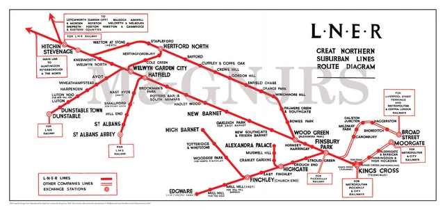 LNER MAP OF Great Northern Suburban Lines Route Diagram £2.50 - PicClick UK
