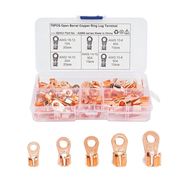 70PCS HEAVY DUTY Open Barrel Wire Crimp Connector Ring Lug Terminals ...