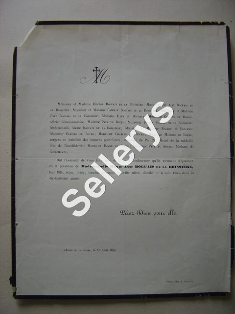 FAIRE PART DE décès de Mademoiselle Marie Anne BOGUAIS de la Boissière 1864 EUR 24,90 - PicClick FR