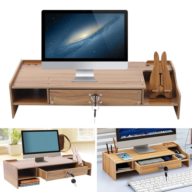 WOODEN COMPUTER MONITOR Stand Riser - Desk Organizer with Drawer Space ...