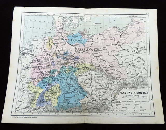 MAP OF GERMANY The German Empire Berlin Prussia Munich POLISH Antique ...