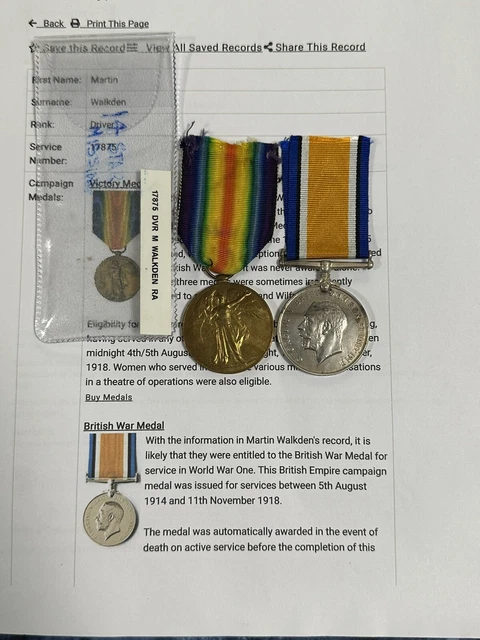 PAIR ORIGINAL WW1 War Medals Martin Walkden RFA Royal Field Artillery ...