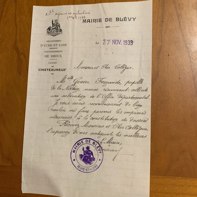 LETTRE À EN-TÊTE Mairie de Blevy (28) 1933 EUR 1,00 - PicClick FR