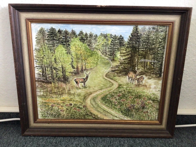 AQUARELL HINTER GLAS Rehe im Wald Naturgemälde Original Bornschein 93 Holzrahmen EUR 96,00 ...