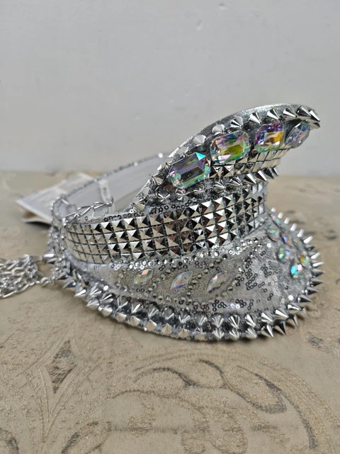 SMIFFYS FEVER DELUXE Sequin Studded Captains Hat, Silver with Chain ...